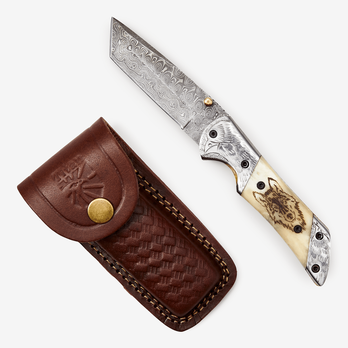 Titan Knives Engraved Wolf On Bone Damascus Tanto Folder | Damascus ...