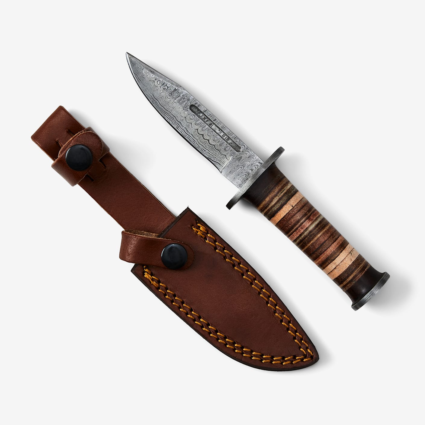 Titan International Damascus and Stacked Leather Cliff Point Knife ...