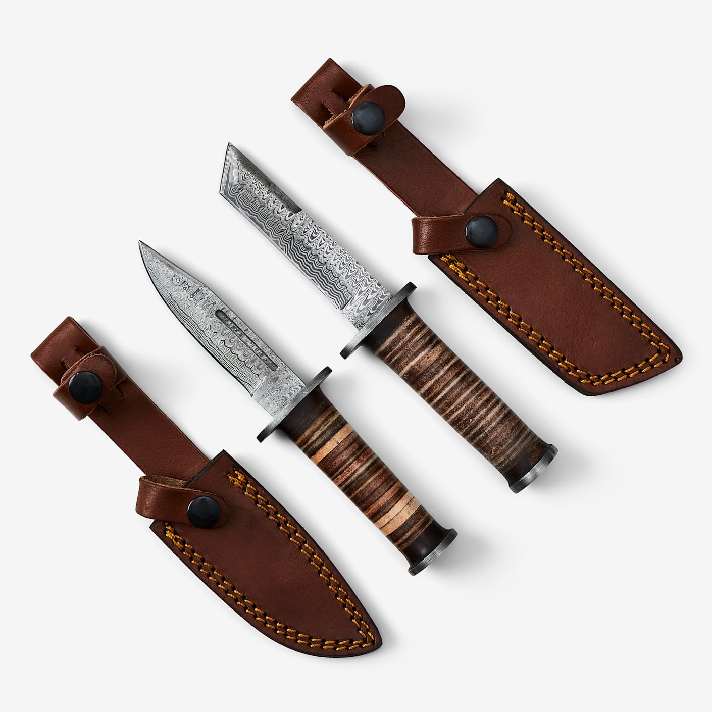 Titan International Damascus and Stacked Leather Knife Set | Bespoke Post
